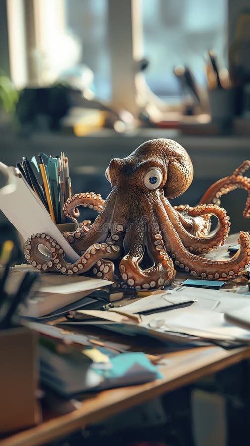 Octopus with Curled Tentacles on Busy Office Table Stock Illustration ...