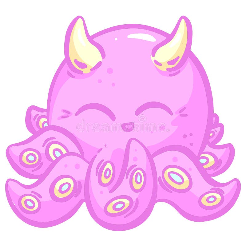 Octopus Cute Kawaii Cartoon Creature with Horns and Tentacles Stock ...