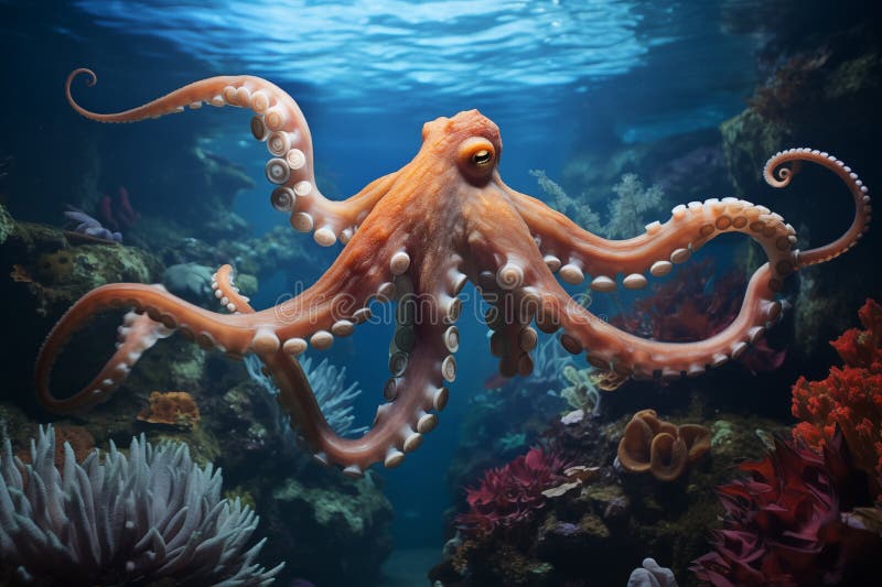 Octopus in the Deep Blue Ocean. Underwater Life Scene Stock ...