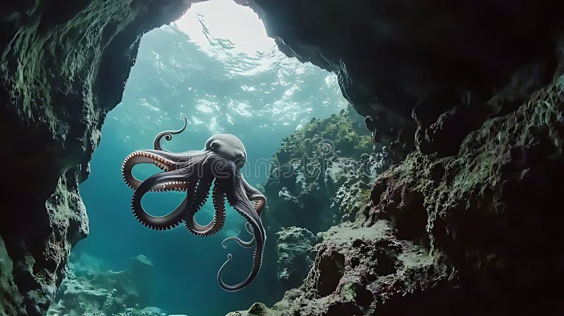 Octopus Emerges from Underwater Cave Stock Image - Image of marinelife ...