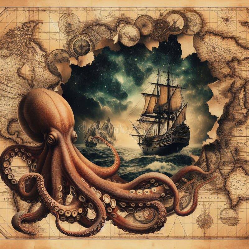 Octopus Emerging from an Antique Map Stock Vector - Illustration of ...