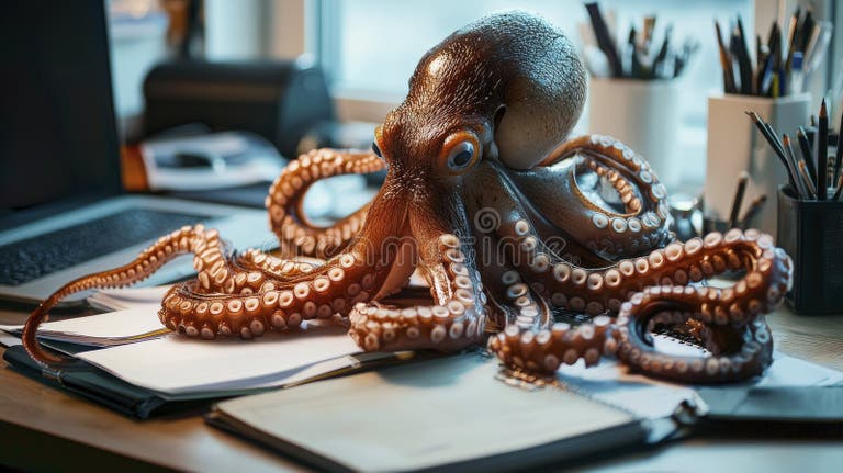 Octopus Engaging with Electronics on Busy Desk Stock Illustration ...