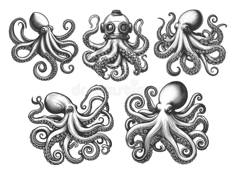 Octopus Engraving Set Raster Collection Stock Photo - Image of nautical ...