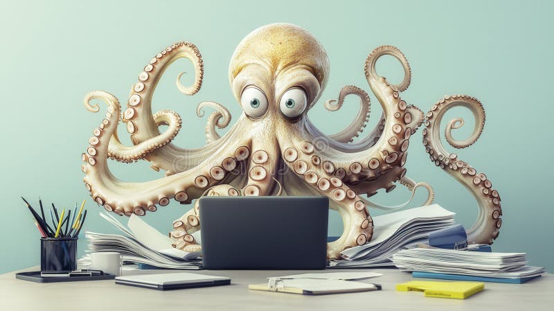 Octopus Engrossed in Digital Workspace Challenges Stock Illustration ...