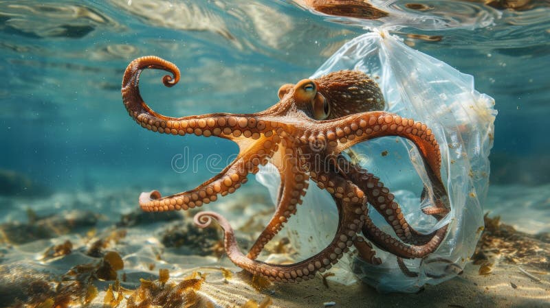 An Octopus Entangled in a Plastic Bag, Highlighting the Dangers of ...