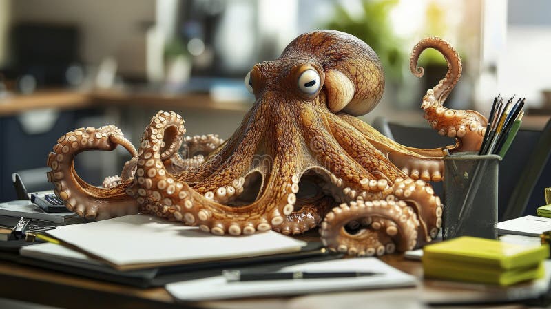 Octopus Explores an Office with Curiosity and Focus Stock Illustration ...