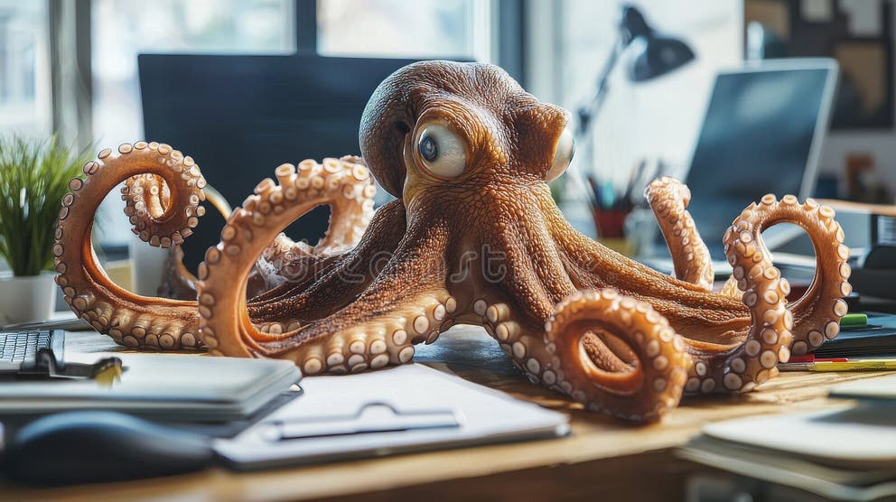 Octopus Exploring a Cluttered Desk with Focus and Curiosity Stock ...