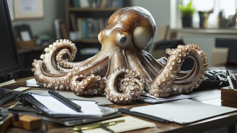 Octopus Exploring a Modern Office Filled with Documents Stock ...