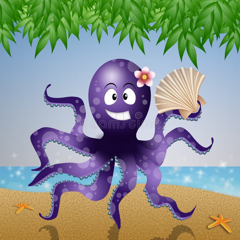 Octopus with Fan on the Beach Stock Illustration - Illustration of cute ...