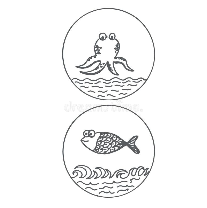 Octopus and Fish, Sketch Style Stock Vector - Illustration of black ...