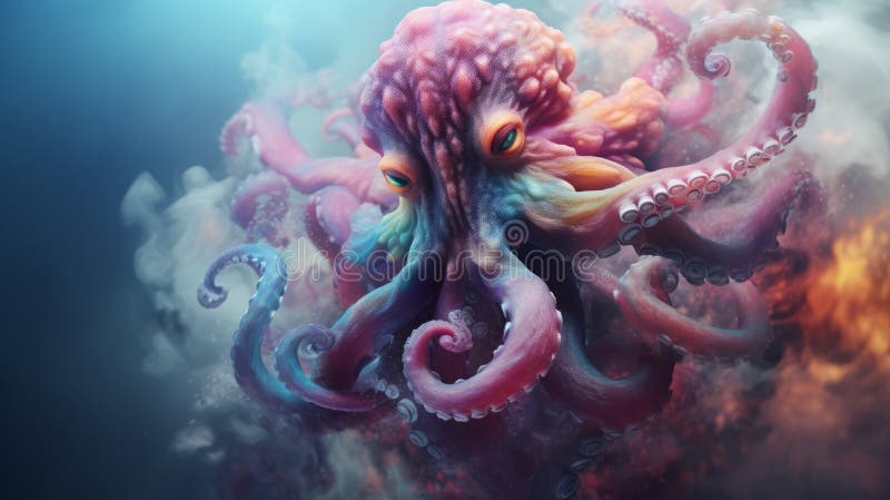 An Octopus is Floating in the Air Surrounded by Smoke Stock Image ...