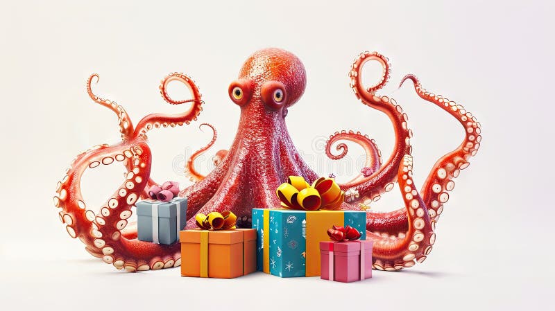 Octopus with Gift Boxes, Swimming Underwater Stock Image - Image of ...