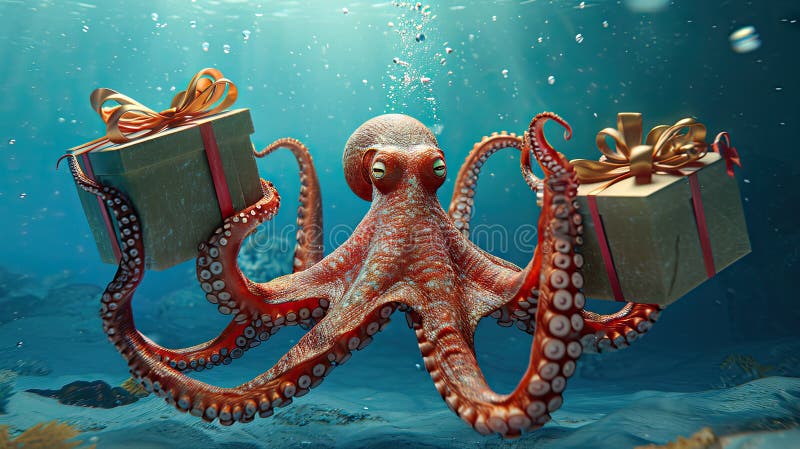 Octopus with Gift Boxes, Swimming Underwater Stock Image - Image of ...