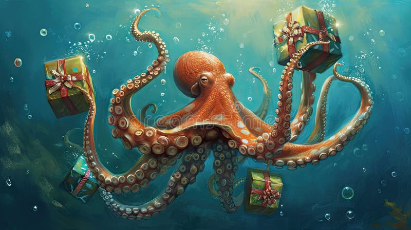 Octopus with Gift Boxes, Swimming Underwater Stock Image - Image of ...