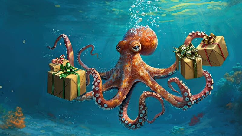 Octopus with Gift Boxes, Swimming Underwater Stock Image - Image of ...