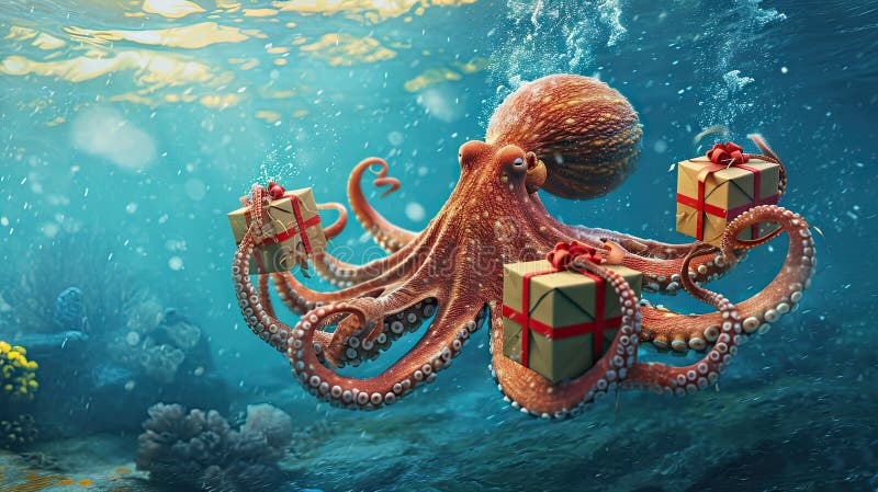 Octopus with Gift Boxes, Swimming Underwater Stock Photo - Image of ...