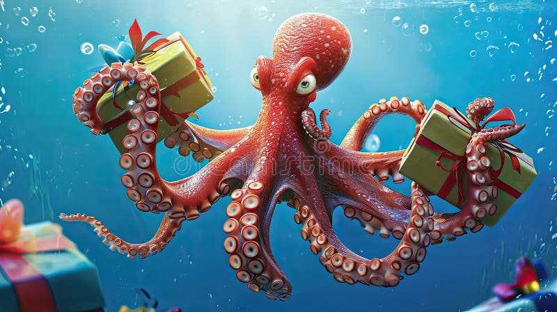 Octopus with Gift Boxes, Swimming Underwater Stock Image - Image of ...