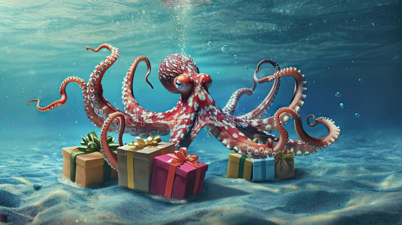 Octopus with Gift Boxes, Swimming Underwater Stock Photo - Image of ...