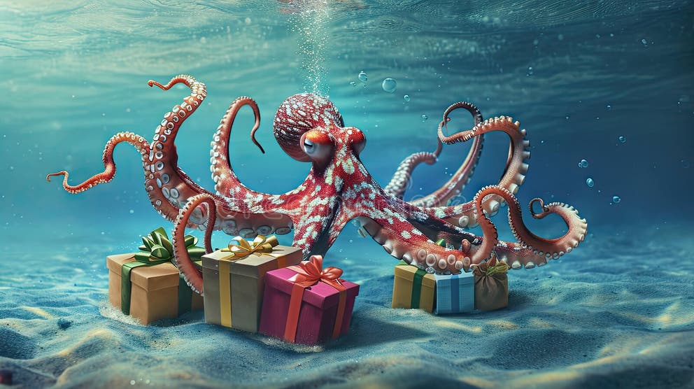 Octopus with Gift Boxes, Swimming Underwater Stock Photo - Image of ...