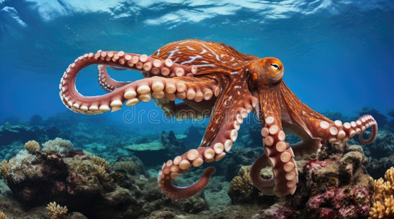 Octopus Gliding through the Blue Ocean Waters. Generative AI Stock ...