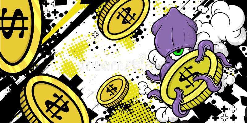 Octopus and Gold Coin Design on White Abstract Background Vector Stock ...