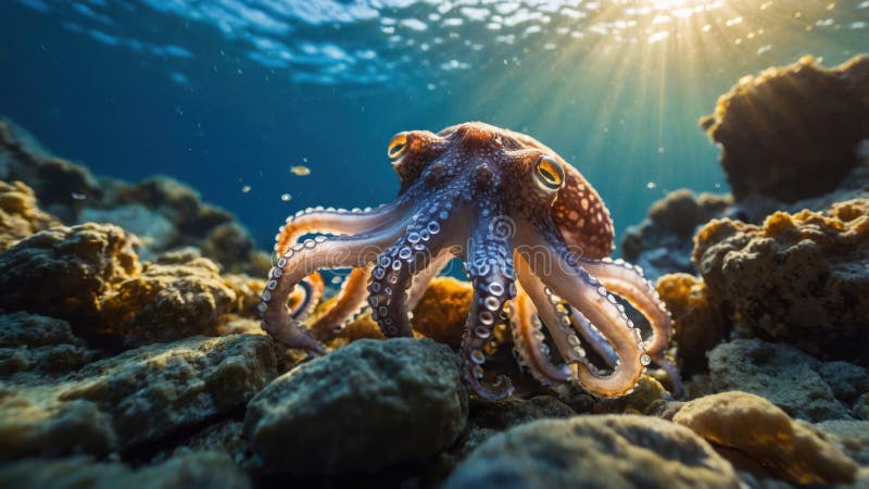 Spectacular Underwater Octopus on Rocky Reef in Sunlight Stock ...