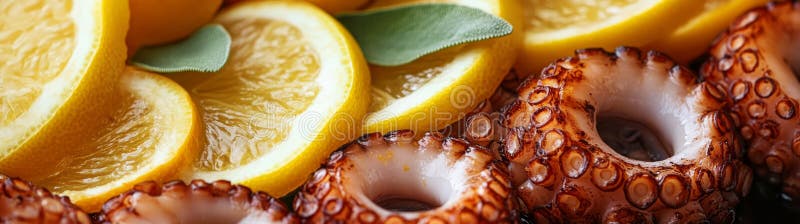 Octopus Grilled with Lemon Slices and Herbs Set Against a Black ...