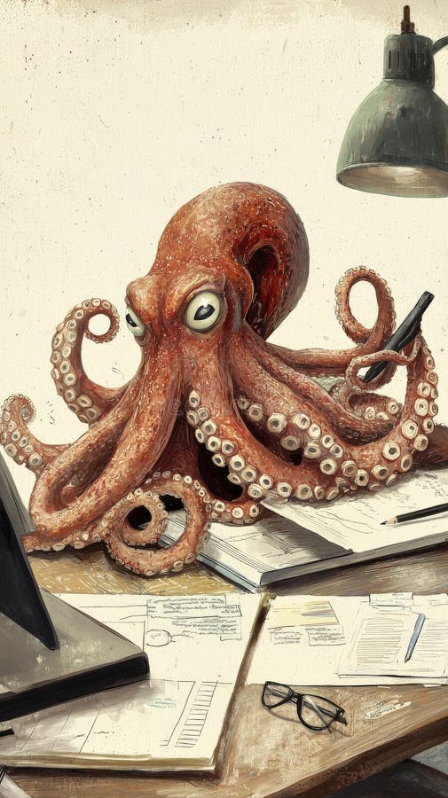 Octopus Handling Office Work Amidst Desk Chaos Stock Illustration ...