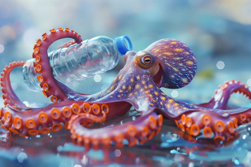An Octopus Holding a Plastic Bottle Stock Illustration - Illustration ...