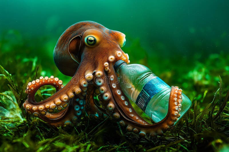 Octopus Holding Plastic Bottle Waste Pollution Stock Photos - Free ...