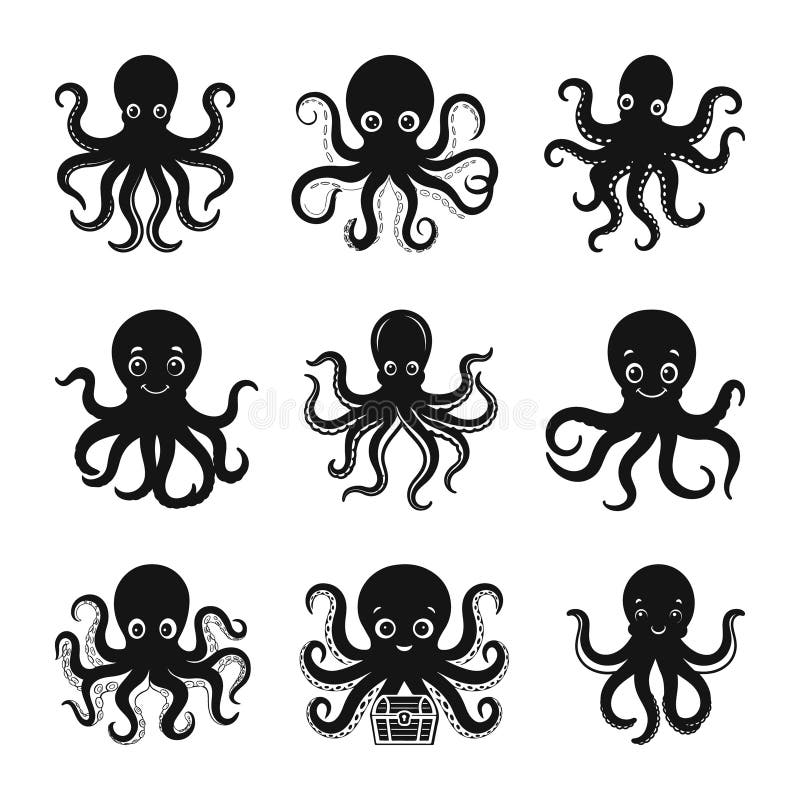 Octopus Icons Set Silhouette, Collection of Black Octopus Illustrations ...