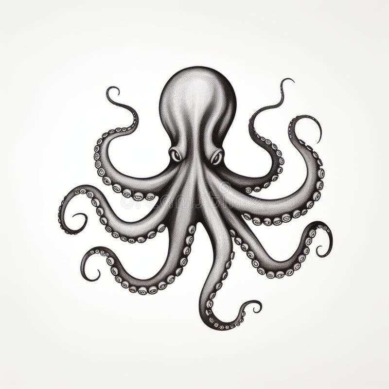 Realistic Octopus Drawing on White Background with Dark Black and Gray ...