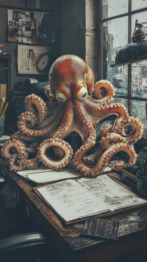 Octopus in Industrial Room with Blueprints and Books Stock Illustration ...