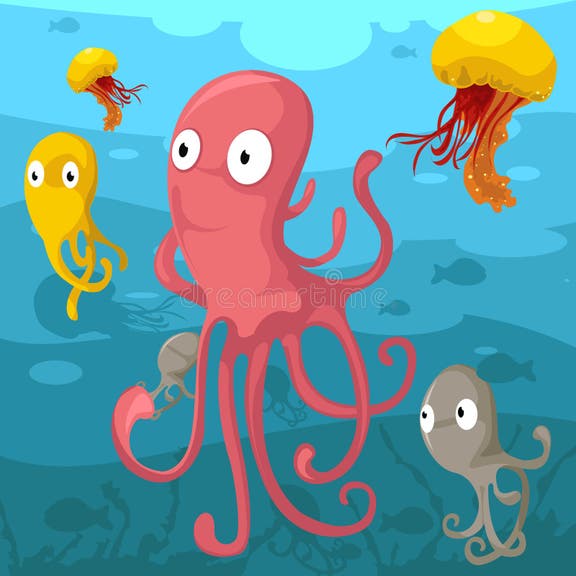 Octopus and jelly fish stock vector. Illustration of purple - 19532064