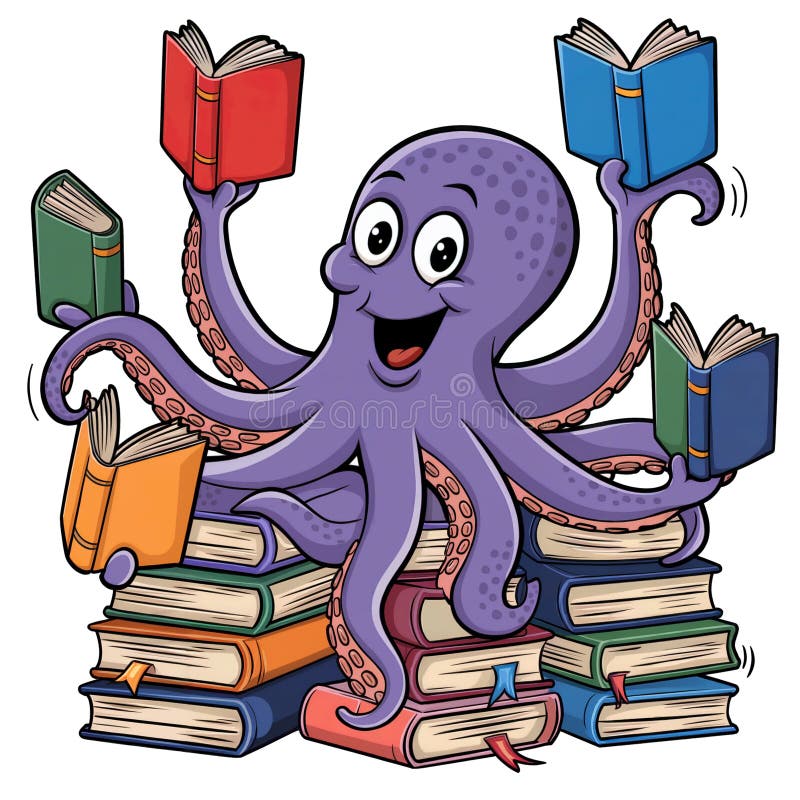 Octopus is Joyfully Reading Multiple Books, Using Its Eight Arms To ...