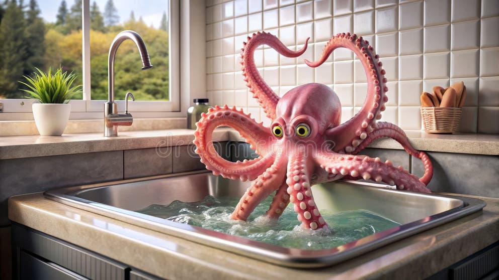 Octopus in the Kitchen Sink, 3D Rendering, Kitchen, Surreal, Octopus ...