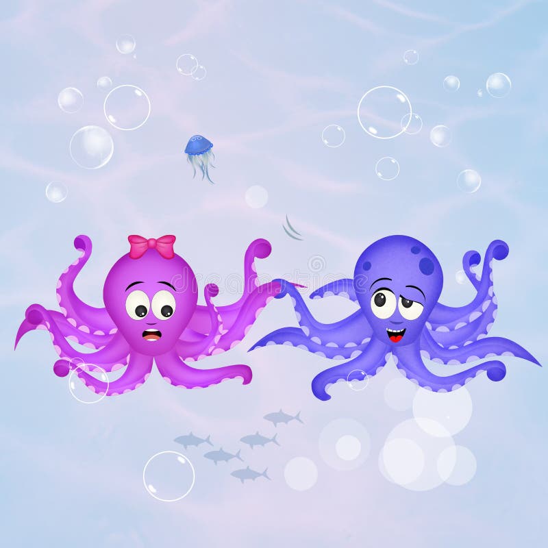 Octopus in Love in the Ocean Stock Illustration - Illustration of ...
