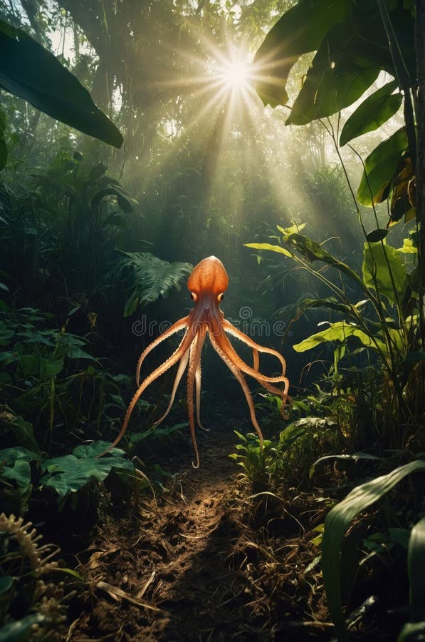Mystical Octopus in Sunlit Rainforest Path Stock Illustration ...