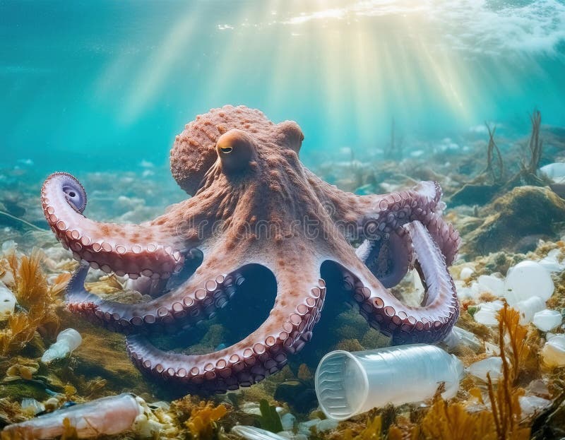 An Octopus Making Its Way through the Plastic Bottles and Waste on the ...