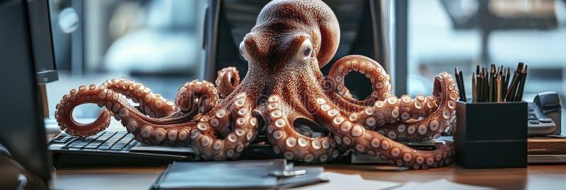 Octopus Managing Duties at an Office with Computers Stock Illustration ...