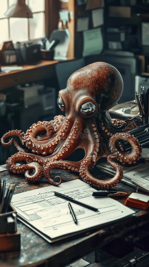 Octopus Managing Paperwork with Intense Focus Inside Stock Illustration ...