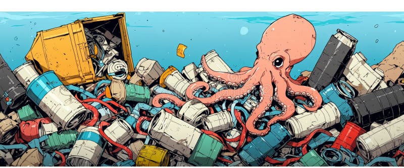 Octopus and Metal, Plastic Trash in Ocean, Pollution Danger. Stock ...