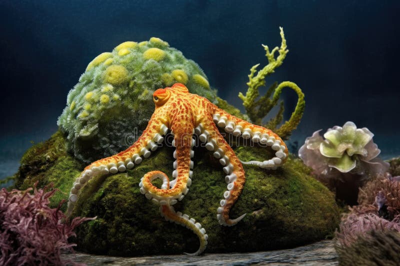 Octopus Mimicking a Seaweed-covered Rock Stock Illustration ...