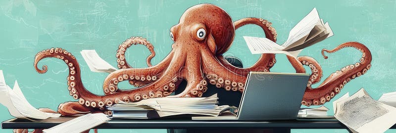 Octopus Working with Papers at a Cluttered Desk Stock Illustration ...