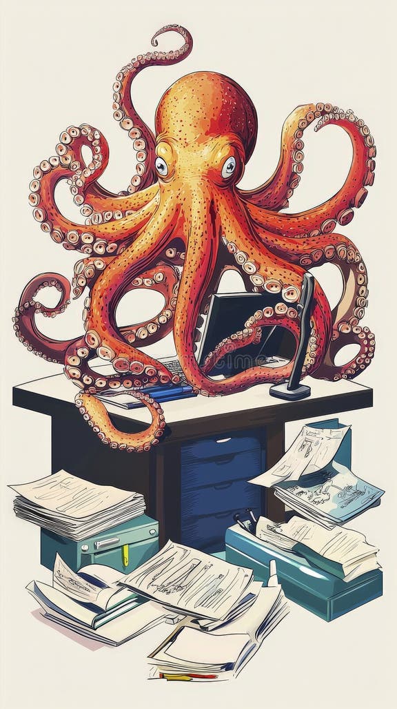 Octopus Multitasking on a Cluttered Office Desk Scene Stock ...