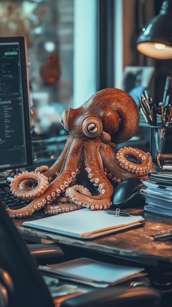 Octopus Multitasking in a Modern Tech Office Setting Stock Illustration ...