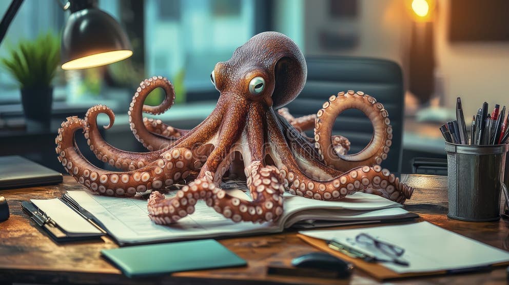 Octopus Multitasking on a Wooden Desk at Sunset Stock Illustration ...