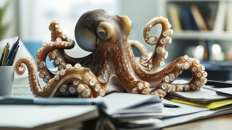 Octopus Multitasks Expertly at a Busy Office Space Stock Illustration ...