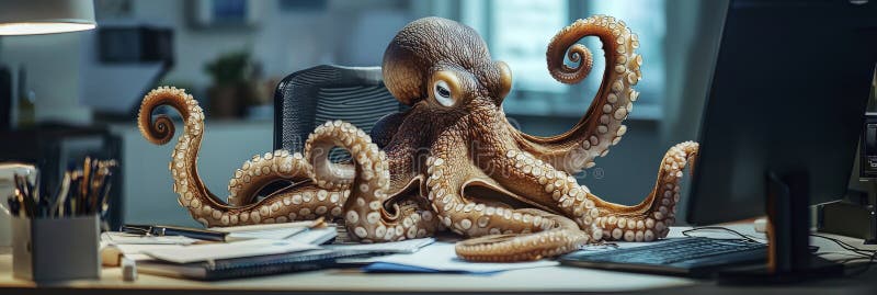 Octopus Multitasks at Office Desk with Computer Screen Stock ...