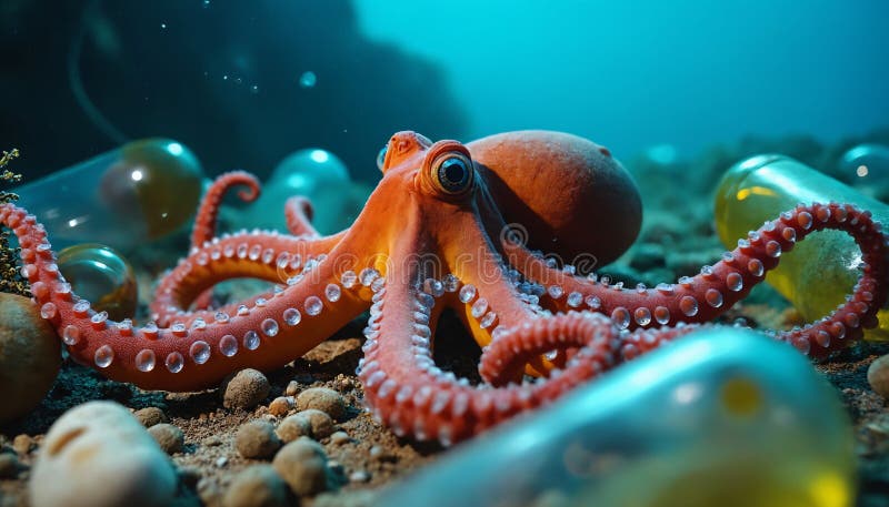 Octopus on Ocean Floor Surrounded by Plastic Pollution and Debris Stock ...